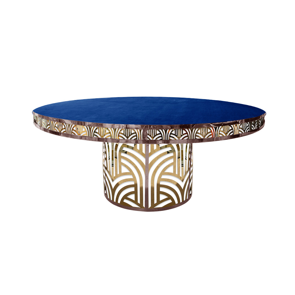 Art Deco Plus Dining Table Rose Gold 72" Round Top Royal Blue ...